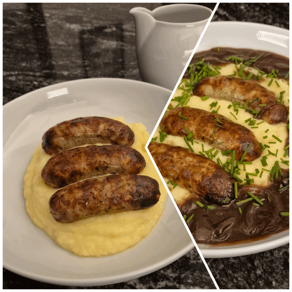 Sausage and Mash with Red Wine Onion Gravy | Classic British
